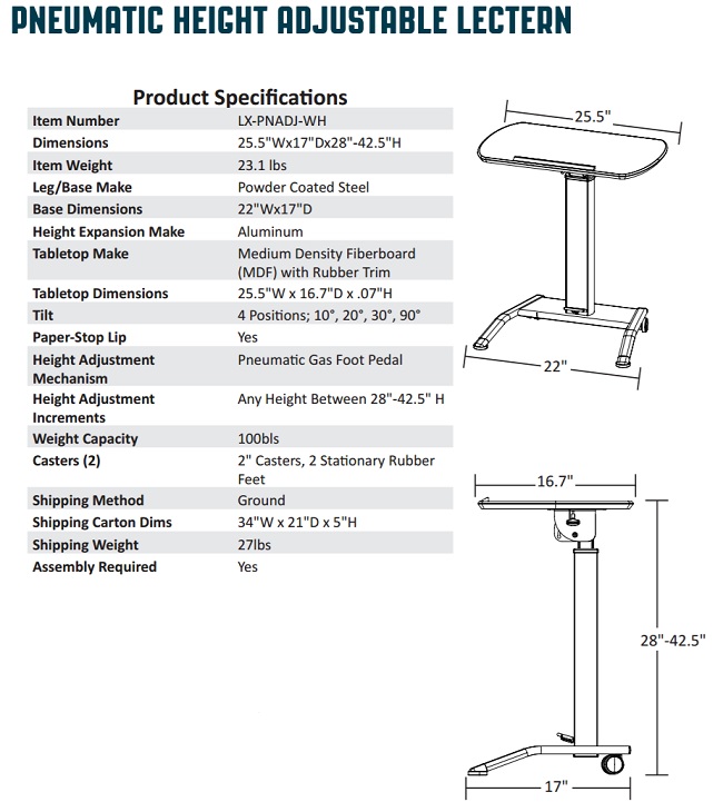Pneumatic Adjustable Lectern Table - FREE Shipping