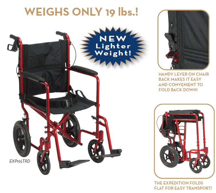 Drive Medical Expedition Aluminum Transport Wheelchair with Loop Locks