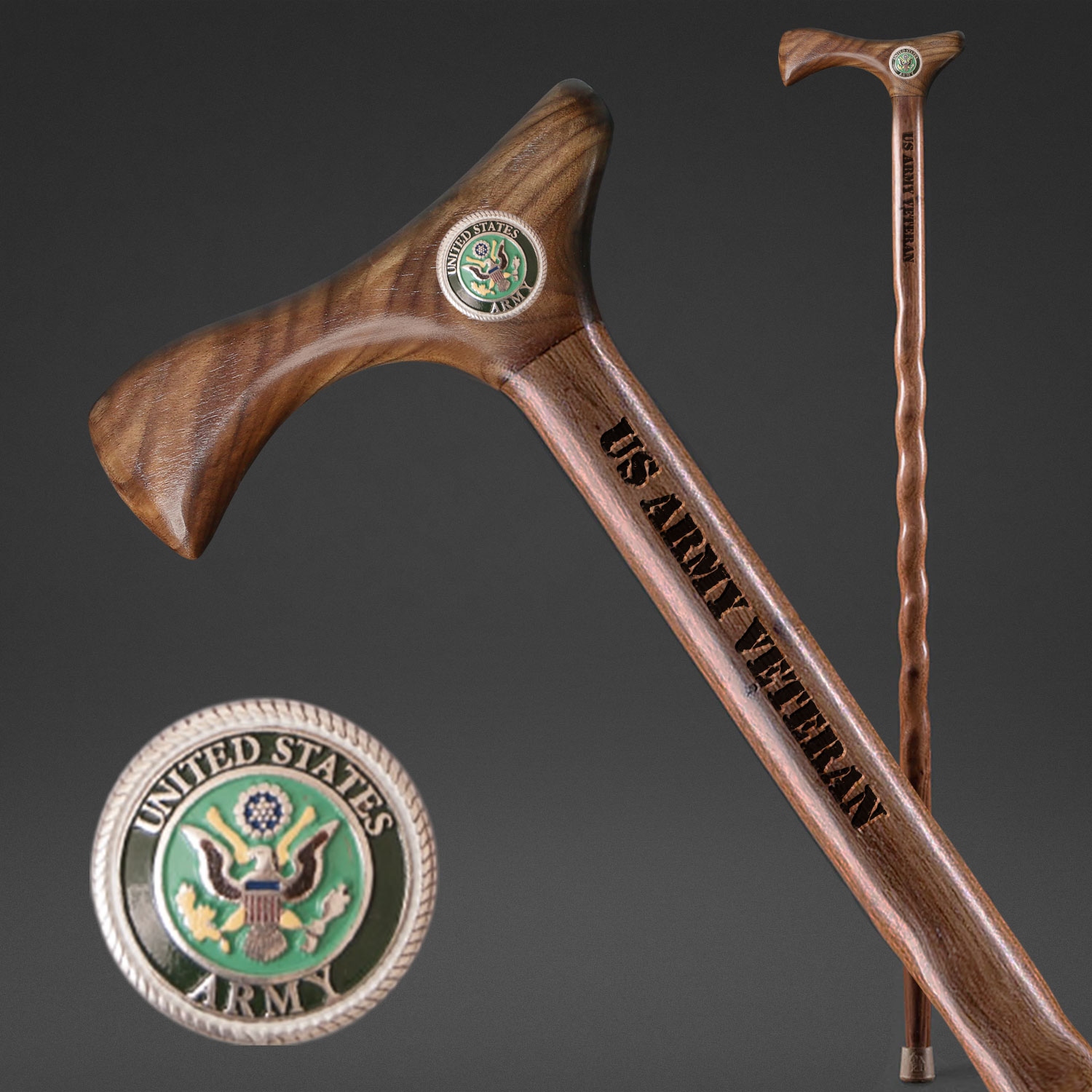 US Veterans Walnut Handcrafted Walking Cane - 37 inch Support Tribute ...