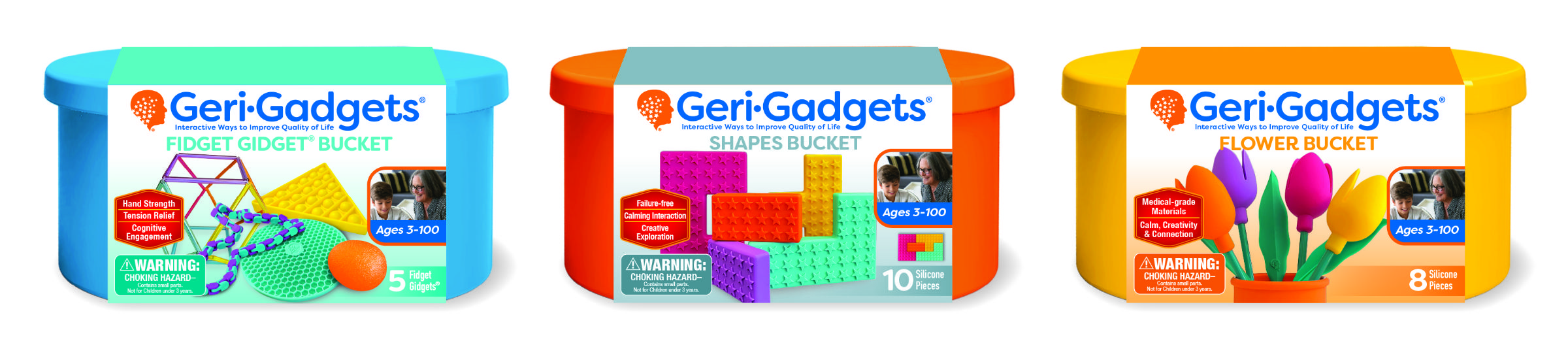 Geri-Gadgets 3-Kit Sensory Engagement Set (Flowers, Shapes, Fidget Gidget)
