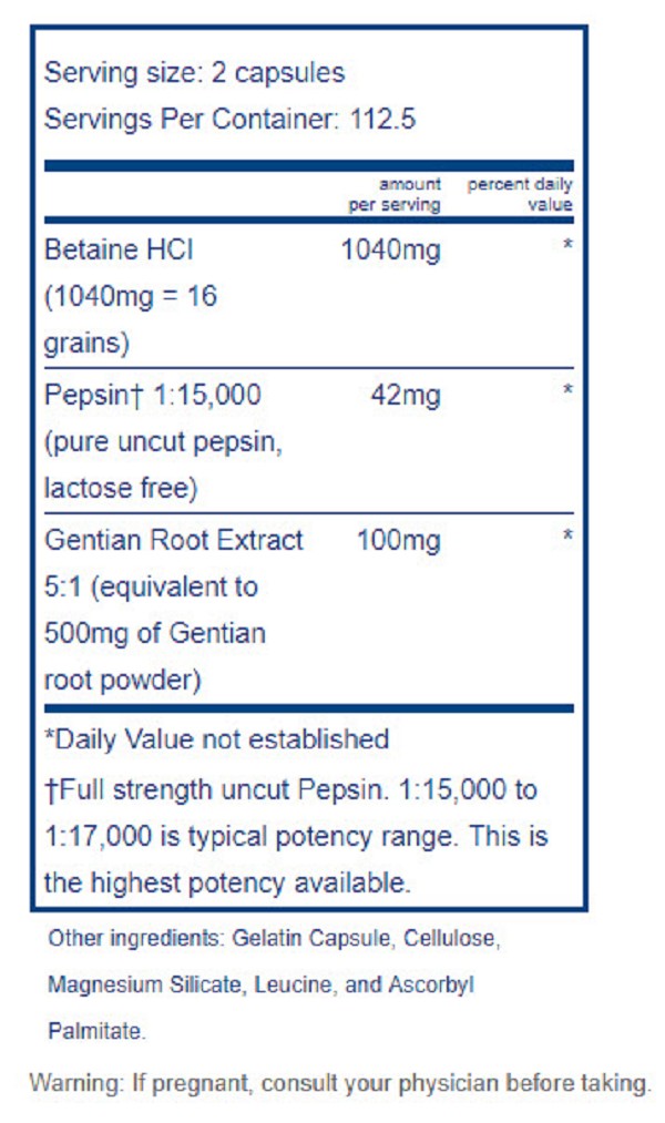 Betaine HCL Pepsin and Gentian Root Extract